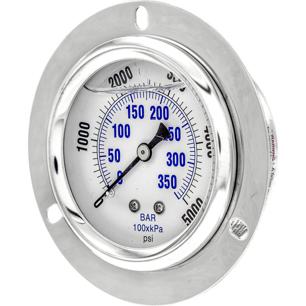 PIC Gauges - Pressure Gauge: 2-1/2" Dial Dia, 0 to 5,000 psi, 1/4" MNPT, Front Flange Panel ...