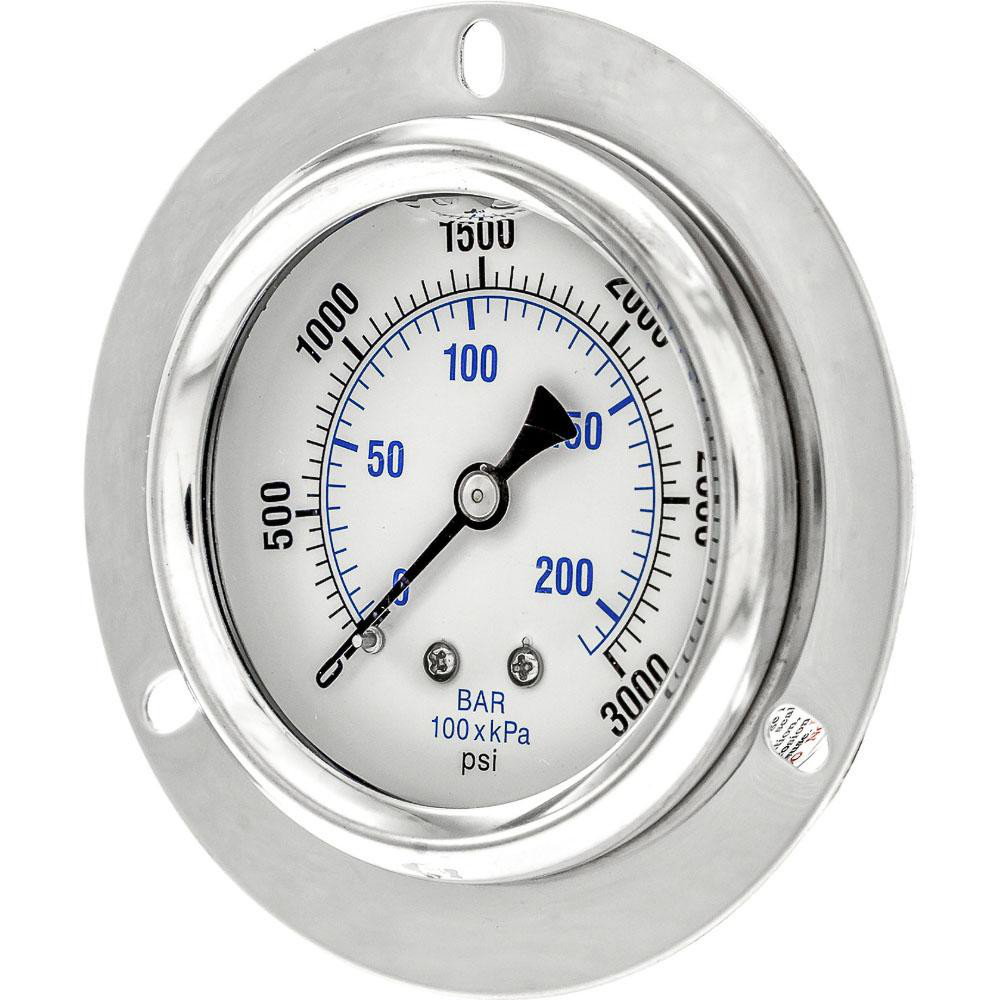 PIC Gauges - Pressure Gauge: 2-1/2" Dial Dia, 0 to 3,000 psi, 1/4" MNPT, Front Flange Panel ...