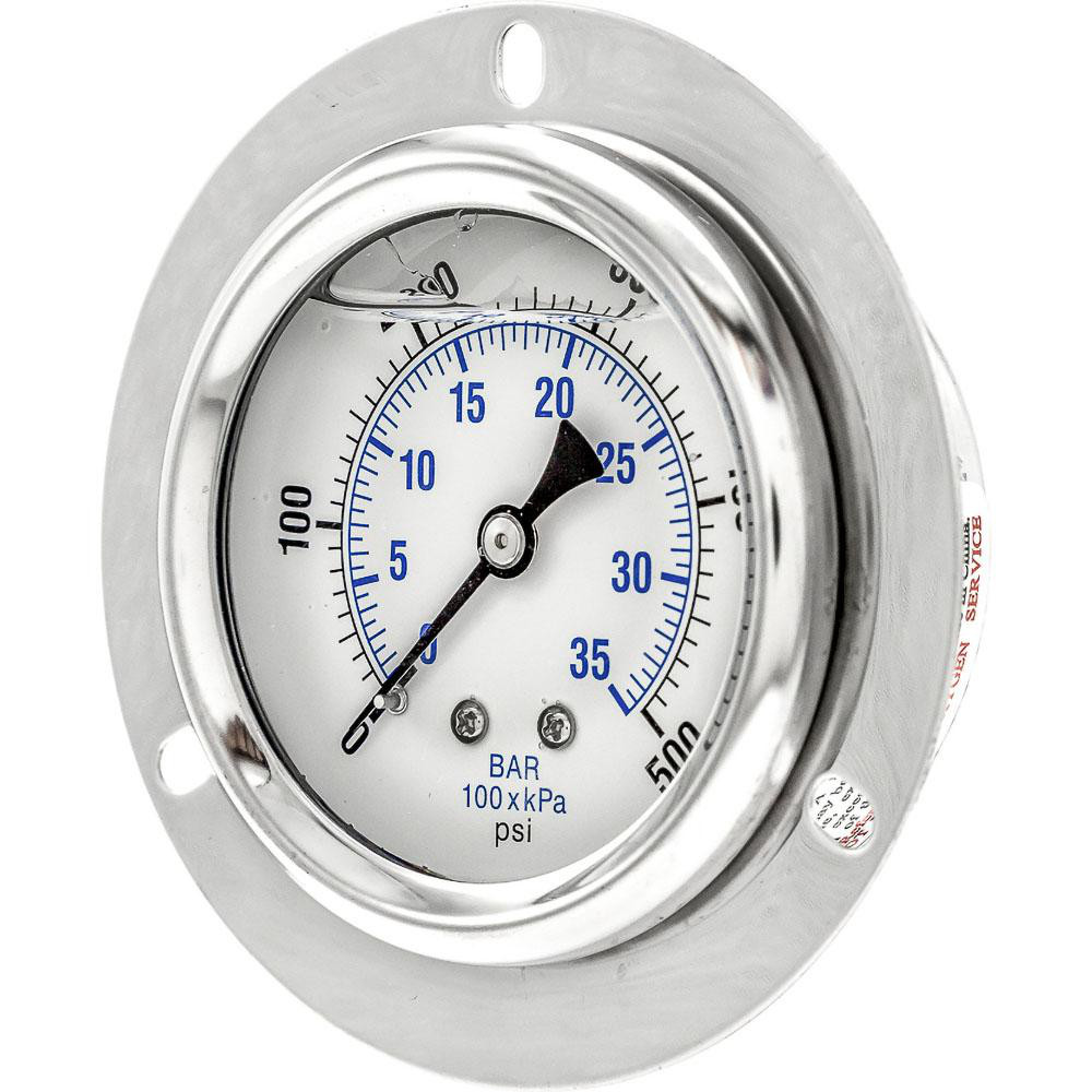 PIC Gauges - Pressure Gauge: 2-1/2" Dial Dia, 0 to 500 psi, 1/4" MNPT, Front Flange Panel ...