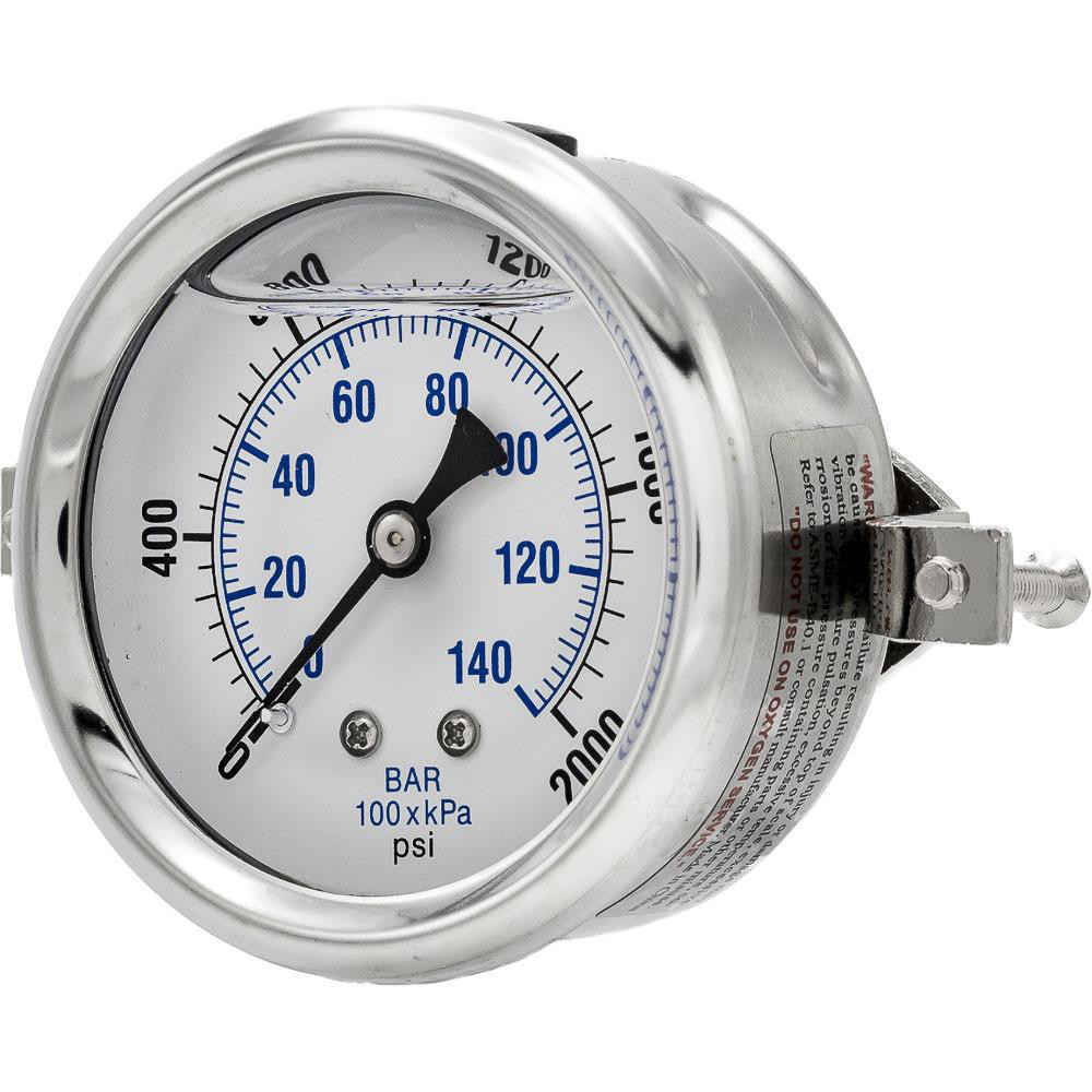 PIC Gauges - Pressure Gauge: 2-1/2" Dial Dia, 0 to 2,000 psi, 1/4" MNPT, U-Clamp Panel (Center ...