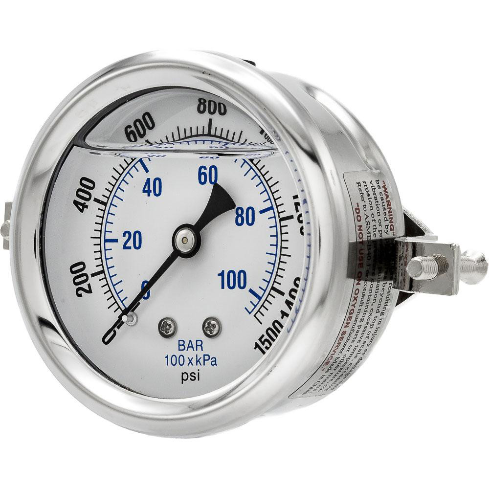 PIC Gauges - Pressure Gauge: 2-1/2" Dial Dia, 0 to 1,500 psi, 1/4" MNPT, U-Clamp Panel (Center ...