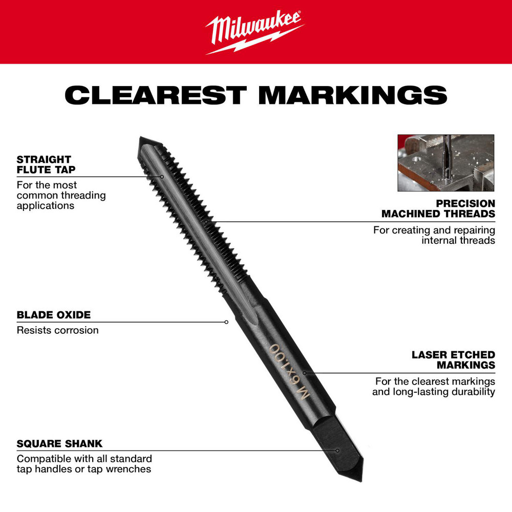 Milwaukee Tool - Straight Flute Tap: M5x0.8 3 Flute, Plug Chamfer, 2B ...