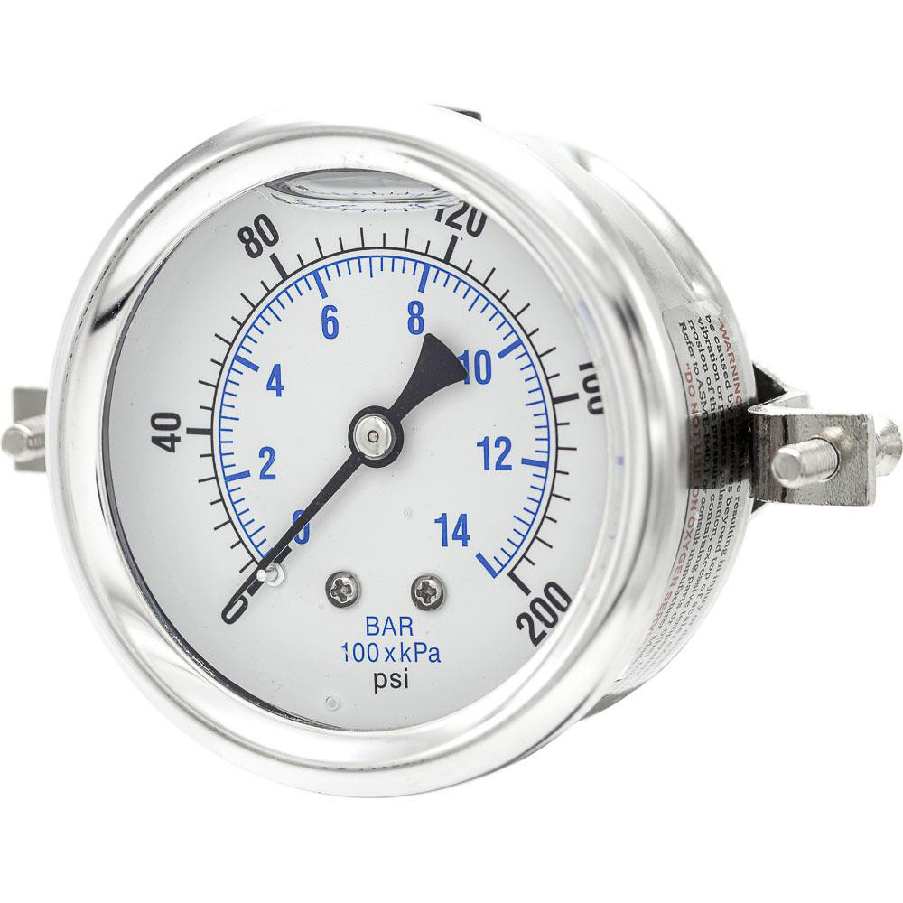 PIC Gauges - Pressure Gauge: 2-1/2" Dial Dia, 0 to 200 psi, 1/4" MNPT, U-Clamp Panel (Center ...