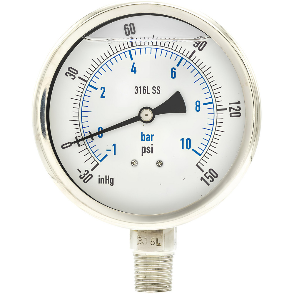 PIC Gauges - Pressure Gauge: 4" Dial Dia, -30 to 150 psi, 1/2" NPT, Lower Mount | MSC Direct
