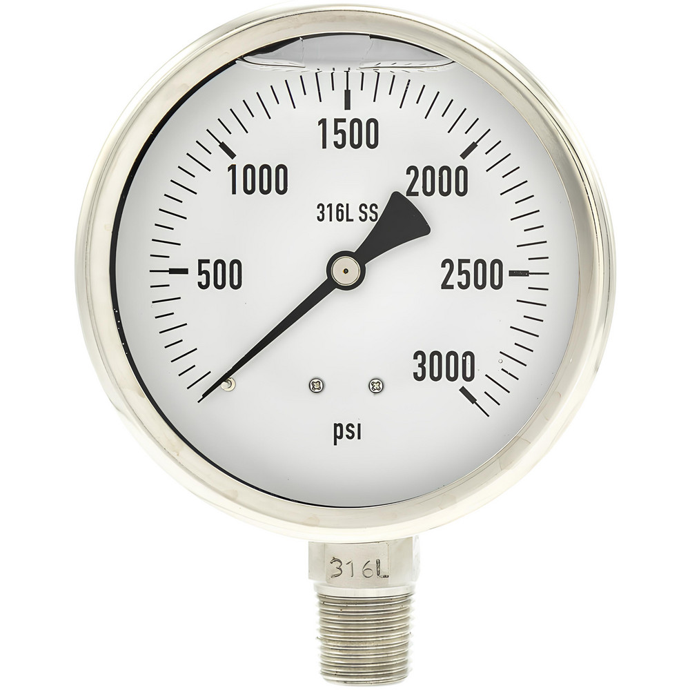 PIC Gauges - Pressure Gauge: 4" Dial Dia, 0 to 3,000 psi, 1/2" NPT, Lower Mount | MSC Direct