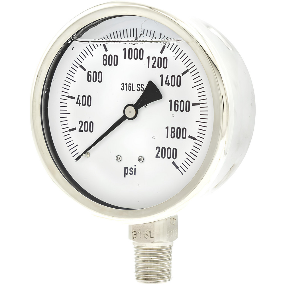 PIC Gauges - Pressure Gauge: 4" Dial Dia, 0 to 2,000 psi, 1/2" NPT, Lower Mount | MSC Direct