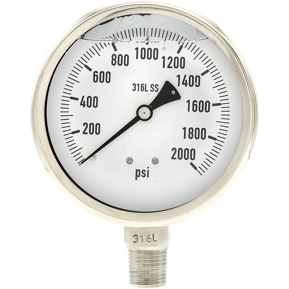 PIC Gauges - Pressure Gauge: 4" Dial Dia, 0 to 2,000 psi, 1/2" NPT, Lower Mount | MSC Direct