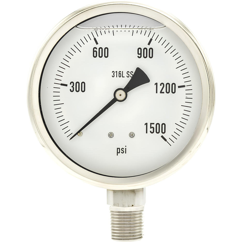 PIC Gauges - Pressure Gauge: 4" Dial Dia, 0 to 1,500 psi, 1/2" NPT, Lower Mount | MSC Direct