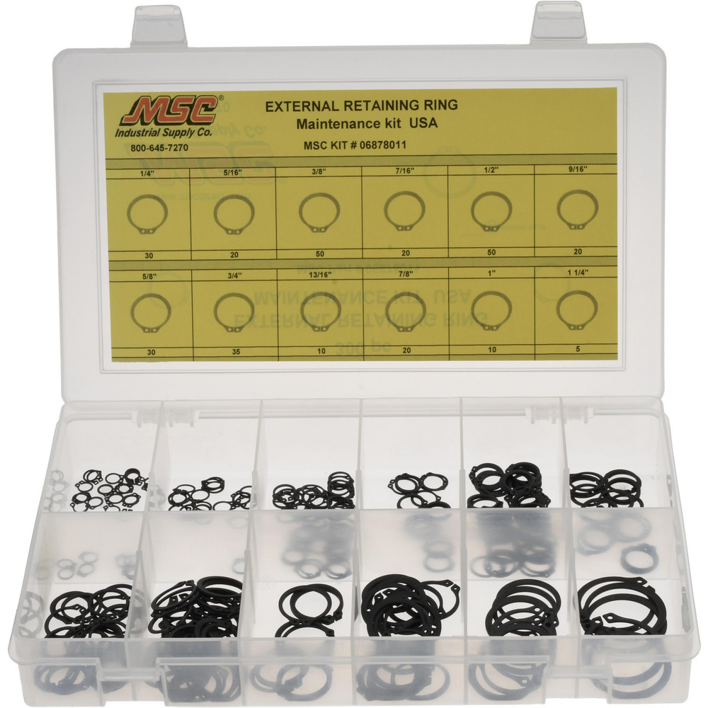 Made in USA - 300 Piece, 1/4 to 1-1/4", Steel, Snap External Retaining ...