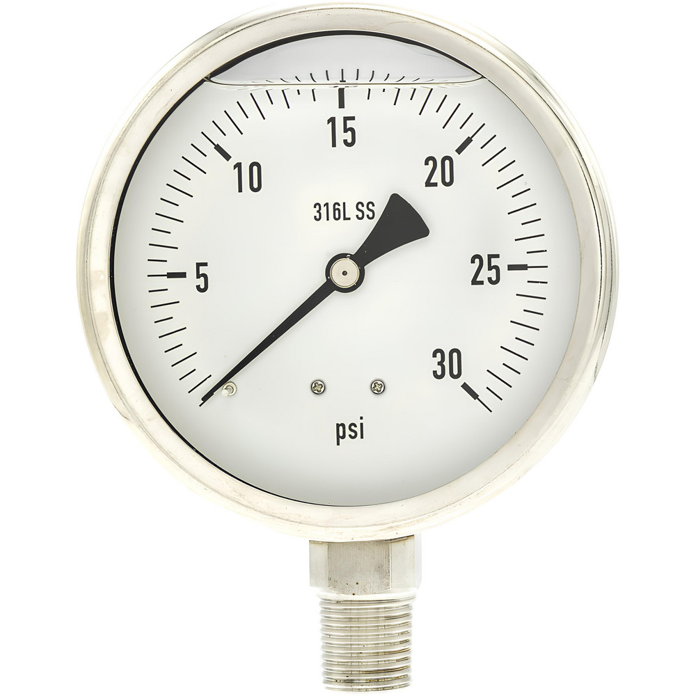 PIC Gauges - Pressure Gauge: 4" Dial Dia, 0 to 30 psi, 1/2" NPT, Lower Mount | MSC Direct