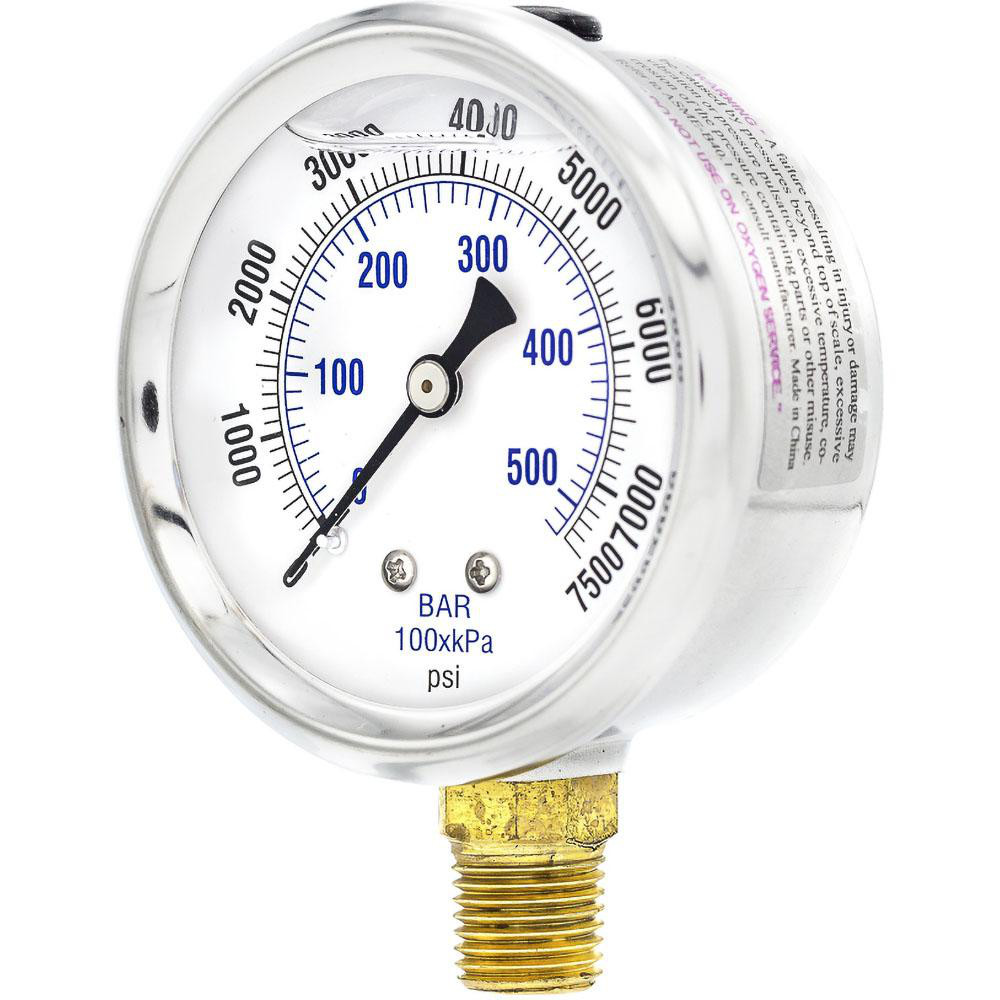 PIC Gauges - Pressure Gauge: 2-1/2" Dial Dia, 0 to 7,500 psi, 1/4" MNPT, Lower Mount | MSC Direct