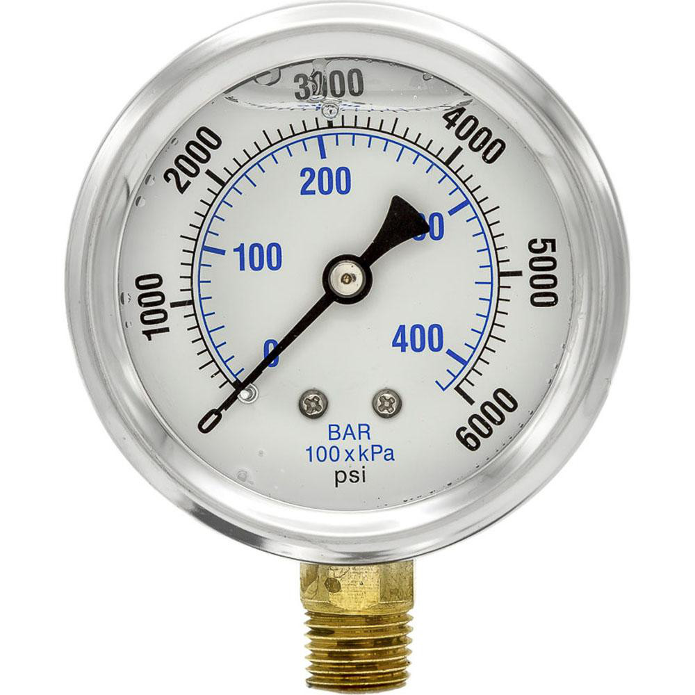 PIC Gauges - Pressure Gauge: 2-1/2" Dial Dia, 0 to 6,000 psi, 1/4" MNPT, Lower Mount | MSC Direct