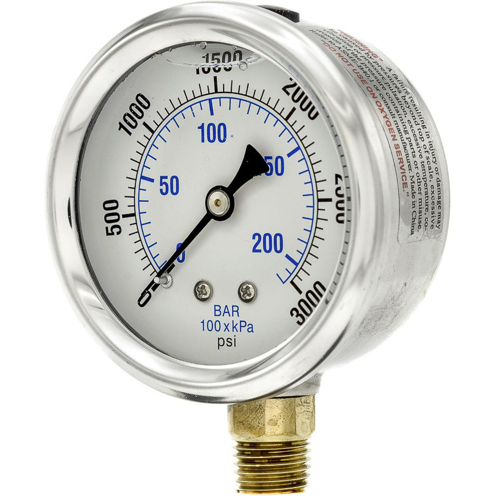 PIC Gauges - Pressure Gauge: 2-1/2" Dial Dia, 0 to 3,000 psi, 1/4" MNPT, Lower Mount | MSC Direct