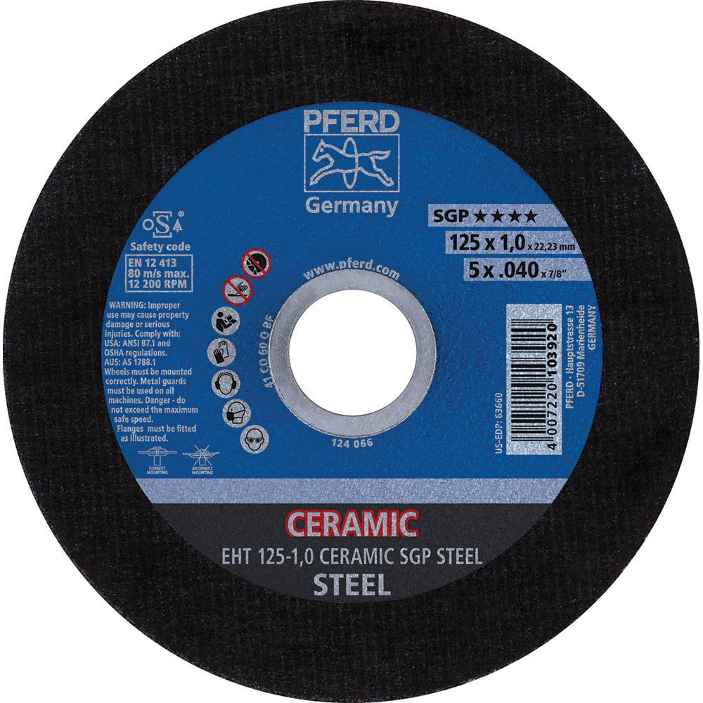 PFERD - Cutoff Wheel: Type 1 (01/41), 5" Dia, 0.0400" Thick, 7/8" Hole ...