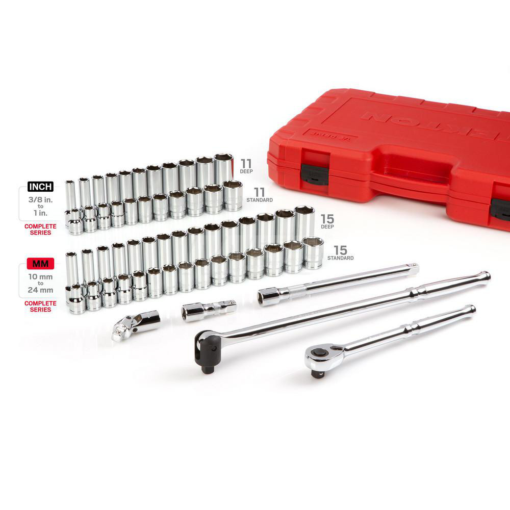 Tekton - Socket Set: Socket Set, 58 Pc, 1/2" Drive, 3/8" Min, 1" Max ...
