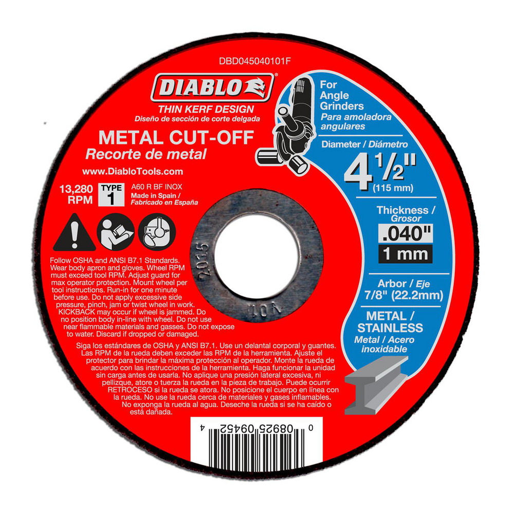 DIABLO - Cutoff Wheel: Type 1 (01/41), 4-1/2" Dia, 0.0400" Thick, 7/8 ...