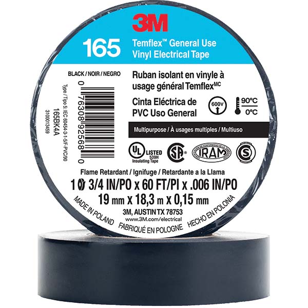 3M - Electrical Tape: 3/4" Wide, 60' Long, 6 mil Thick, Black | MSC Direct