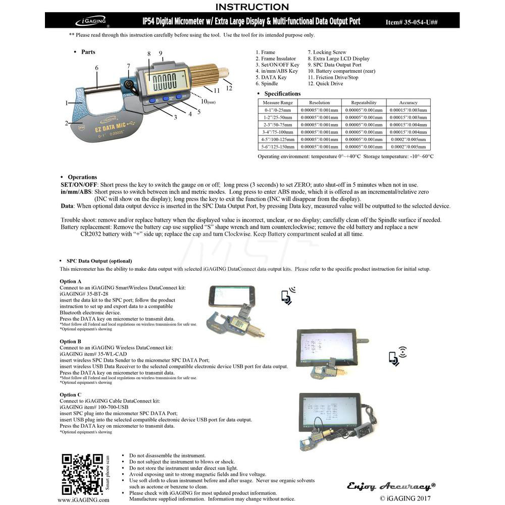 iGaging - Electronic Outside Micrometer: 1" Max, Solid Carbide Face ...