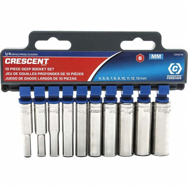 Crescent - Socket Set: Deep, 10 Pc, 1/4" Drive, 4.00 mm Min, 13.00 mm ...