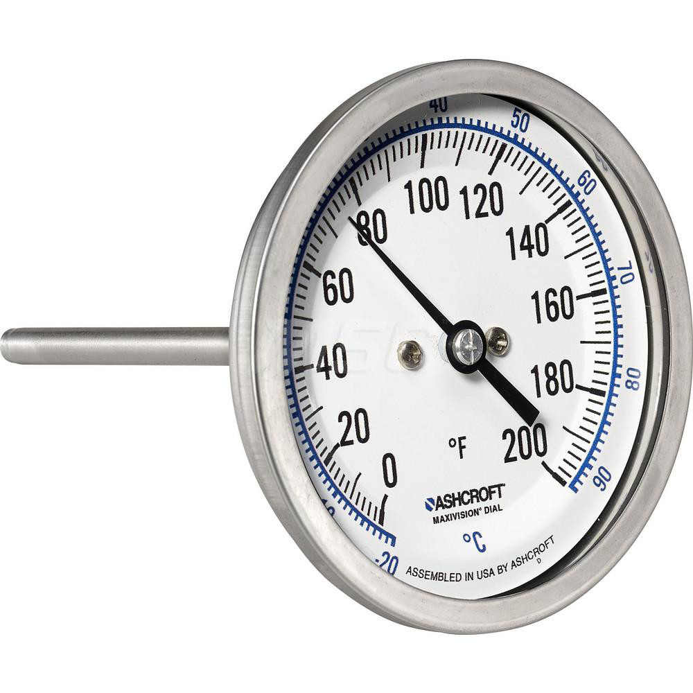 Ashcroft - Bimetal Dial Thermometer: 0 to 200 ° F, 3" Dial Dia, 2-1/2 ...