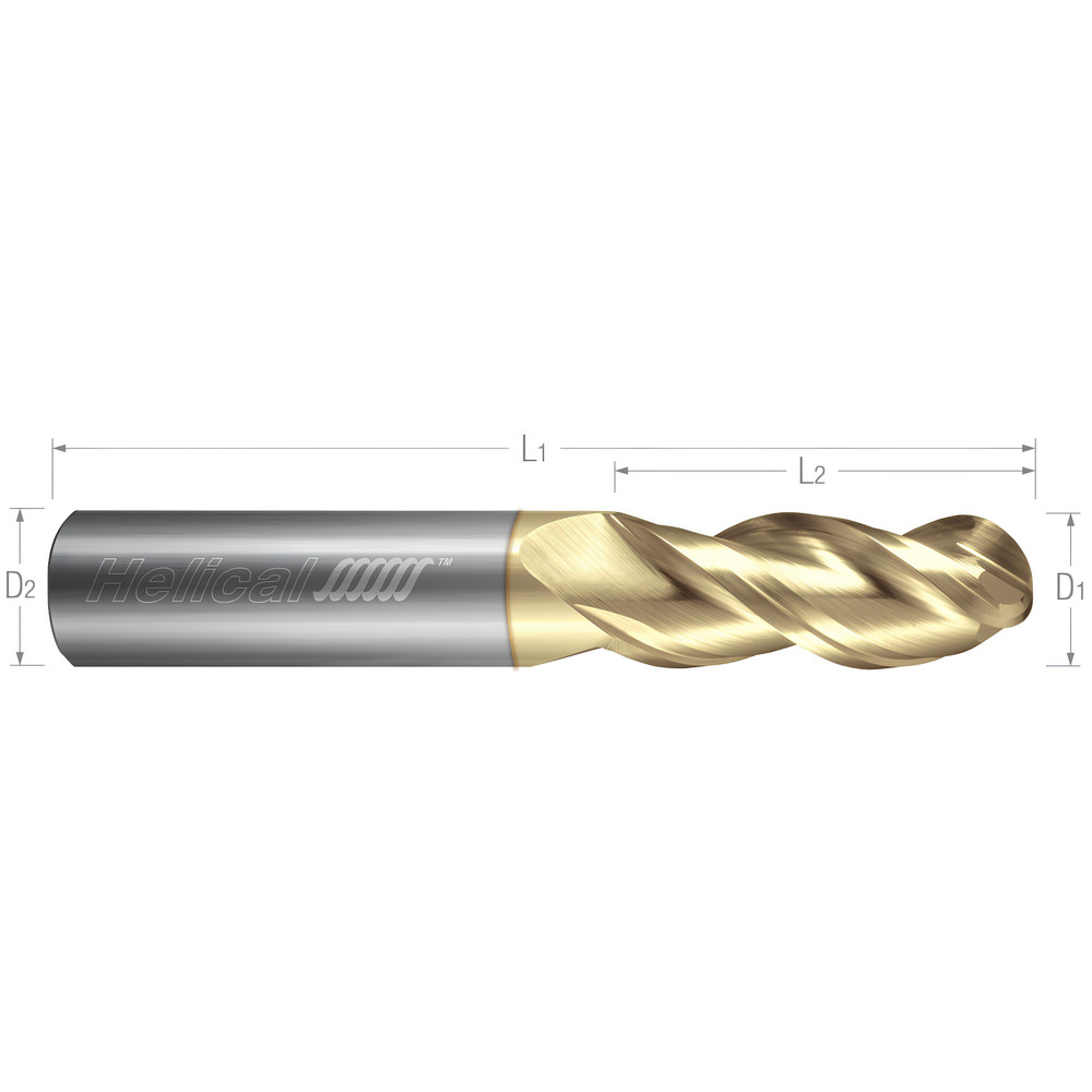 Helical Solutions - Ball End Mill: 1/4" Dia, 1" LOC, 3 Flute, Solid ...