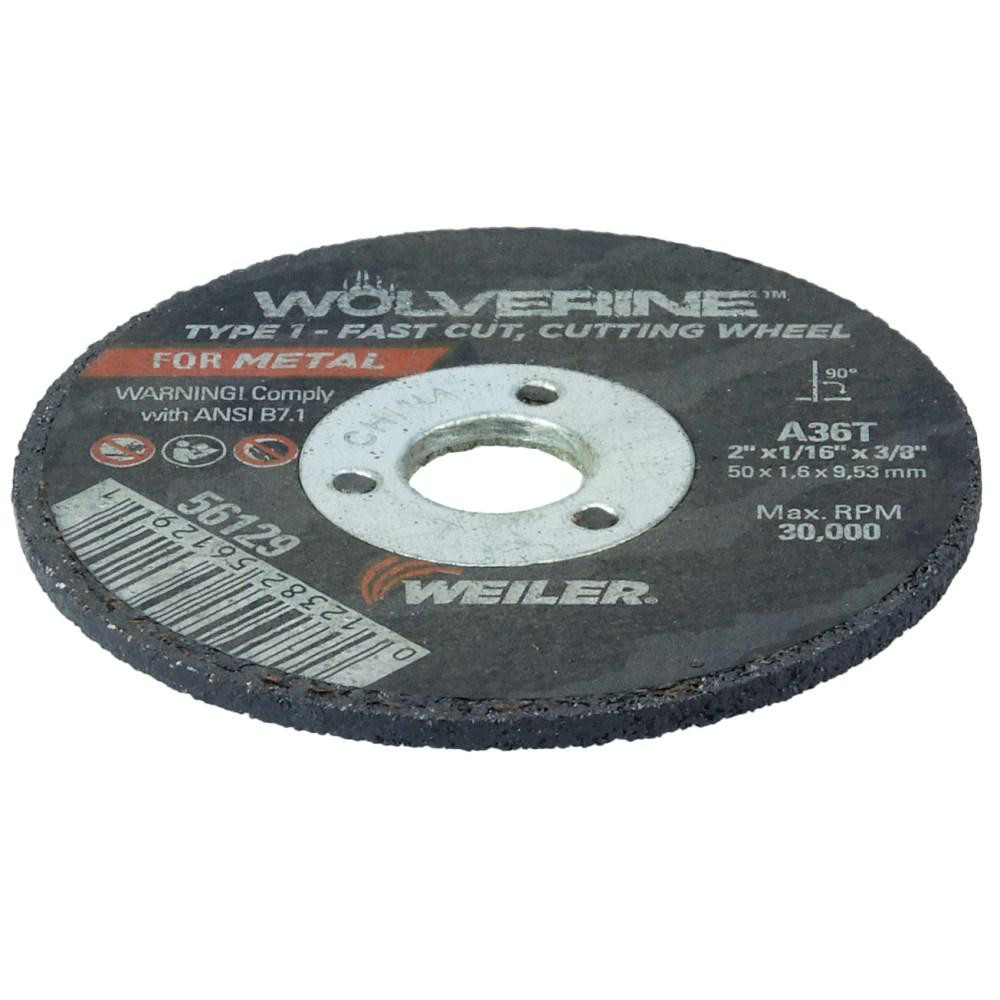 Weiler - Cutoff Wheel: Type 1 (01/41), 2" Dia, 1/16" Thick, 3/8" Hole ...