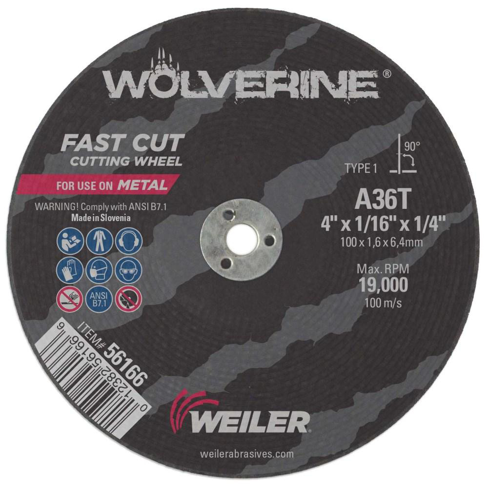Weiler - Cutoff Wheel: Type 1 (01/41), 4" Dia, 1/16" Thick, 1/4" Hole ...