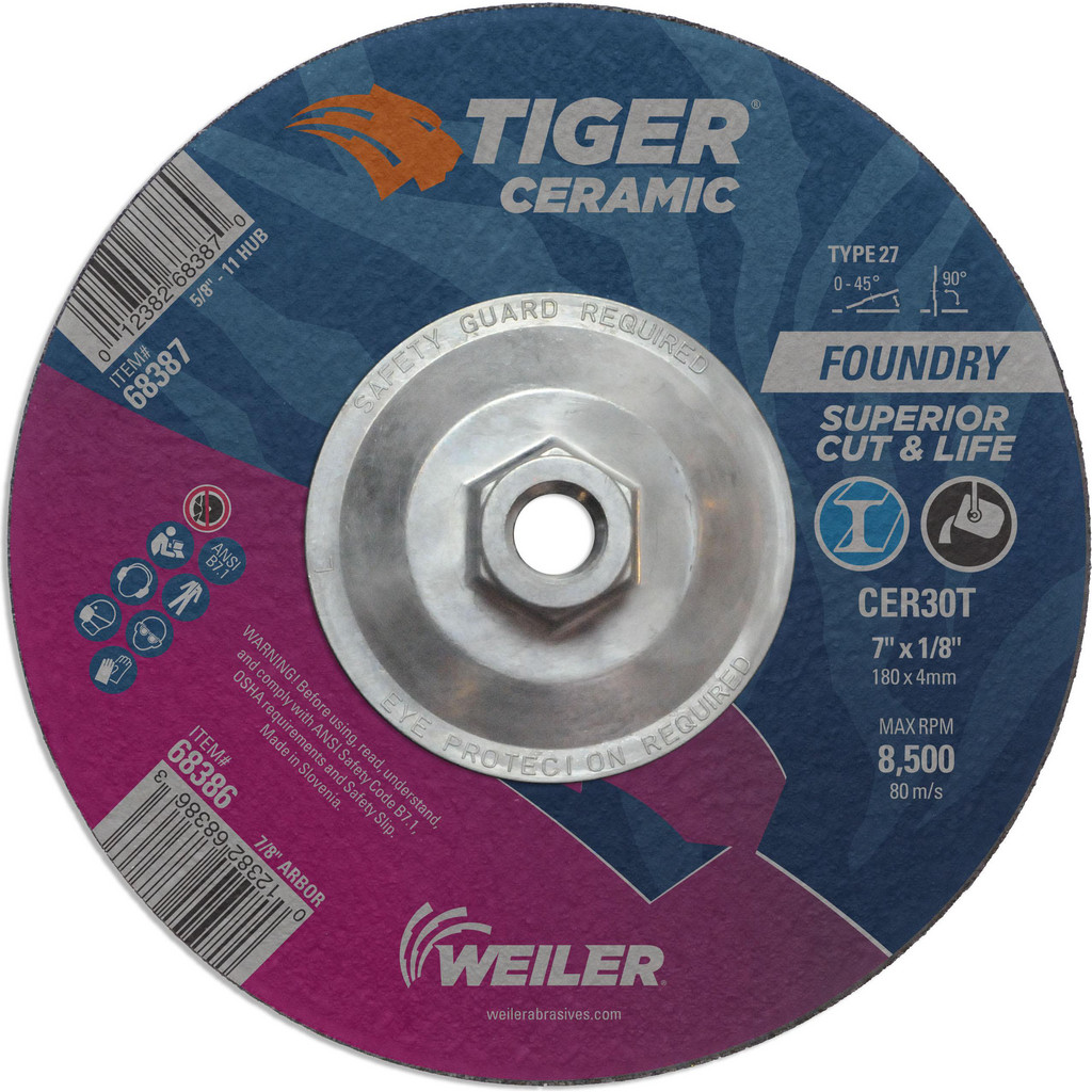 Weiler - Depressed-Center Wheel: Type 27, 7" Dia, 1/8" Thick, 5/8-11 ...