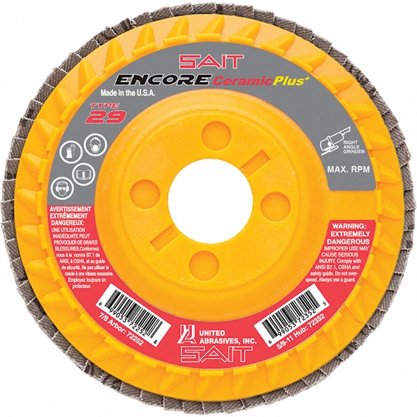 Sait - Flap Disc: 4-1/2" Dia, 7/8" Hole, 40 Grit, Ceramic Alumina, Type ...
