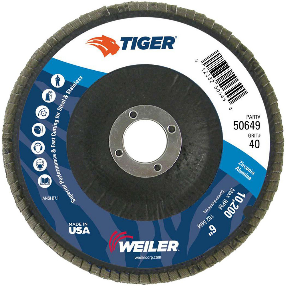 Weiler - Flap Disc: 6" Dia, 7/8" Hole, 40 Grit, Zirconia Alumina, Type ...
