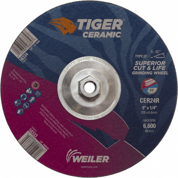 Weiler - Depressed-Center Wheel: Type 27, 9" Dia, 1/4" Thick, 5/8-11 ...