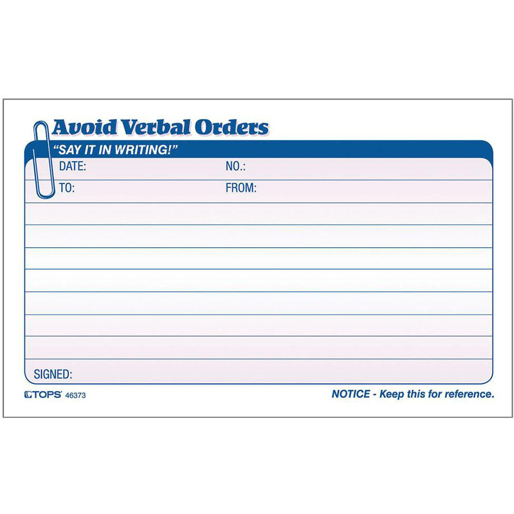 TOPS - Avoid Verbal Order Book: 50 Sheets, 18 x 24" Sheet, White Paper ...