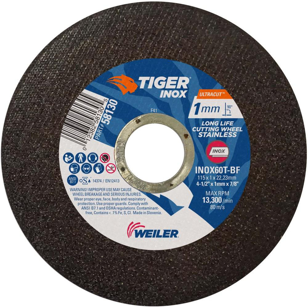Weiler - Cutoff Wheel: Type 1 (01/41), 4-1/2" Dia, 0.0393" Thick, 7/8 ...