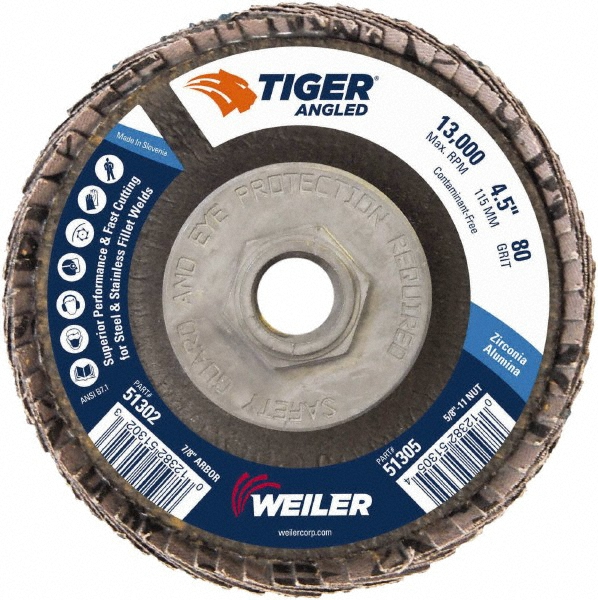 Weiler - Flap Disc: 4-1/2" Dia, 80 Grit, Zirconia Alumina, Type 27 ...
