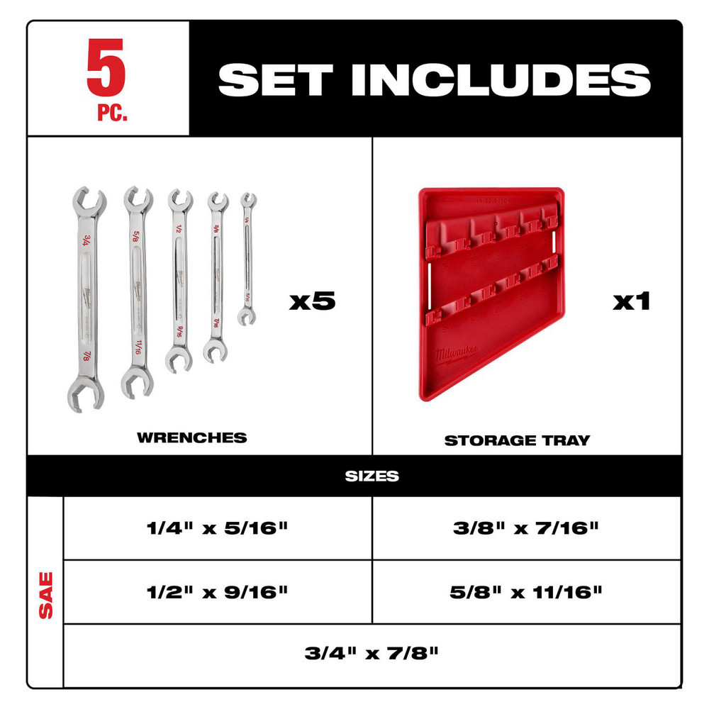 Milwaukee Tool - Flare Nut Wrench Set: 5 Pc, 1/4 to 7/8" Wrench, Inch ...