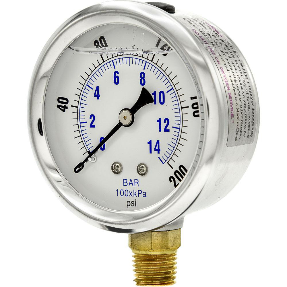 PIC Gauges - Pressure Gauge: 2-1/2" Dial Dia, 0 to 200 psi, 1/4" MNPT, Lower Mount | MSC Direct