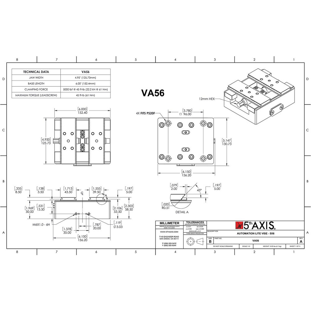 5th Axis - Self-Centering Vise: 4.9500" Jaw Width, 3.000" Max Jaw Opening | MSC Direct