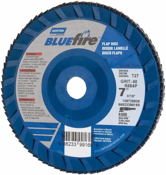 Norton - Flap Disc: 7" Dia, 7/8" Hole, 40 Grit, Zirconia Alumina, Type ...