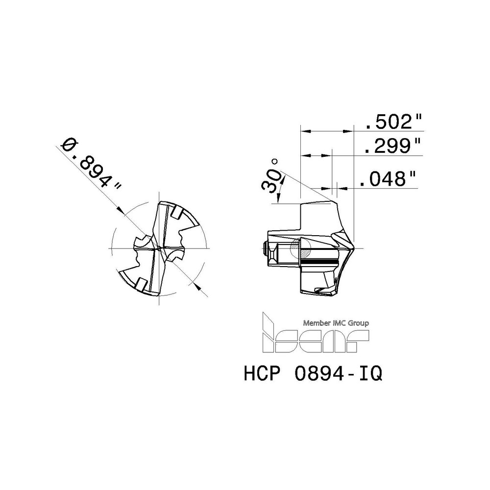 Iscar - Replaceable Drill Tips: HCP 0894-IQ IC908, 0.8940" Dia, 22.71 ...