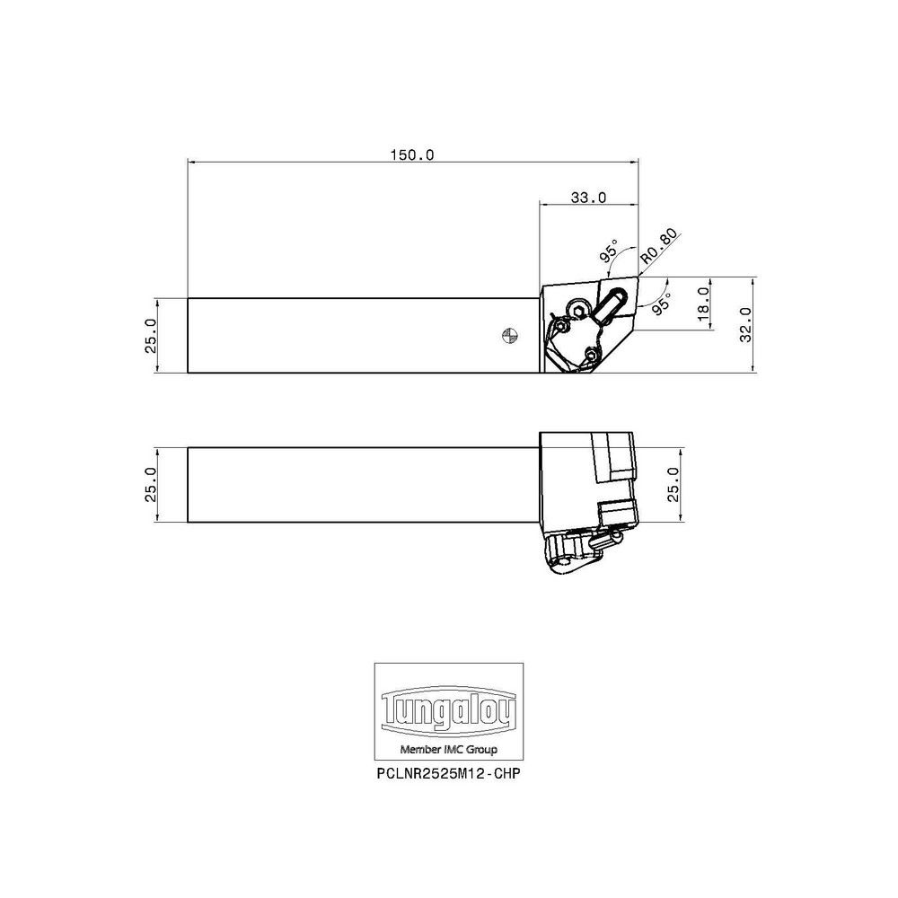 Tungaloy - Indexable Turning Toolholder: PCLNR2525M12-CHP, 95 deg Lead ...