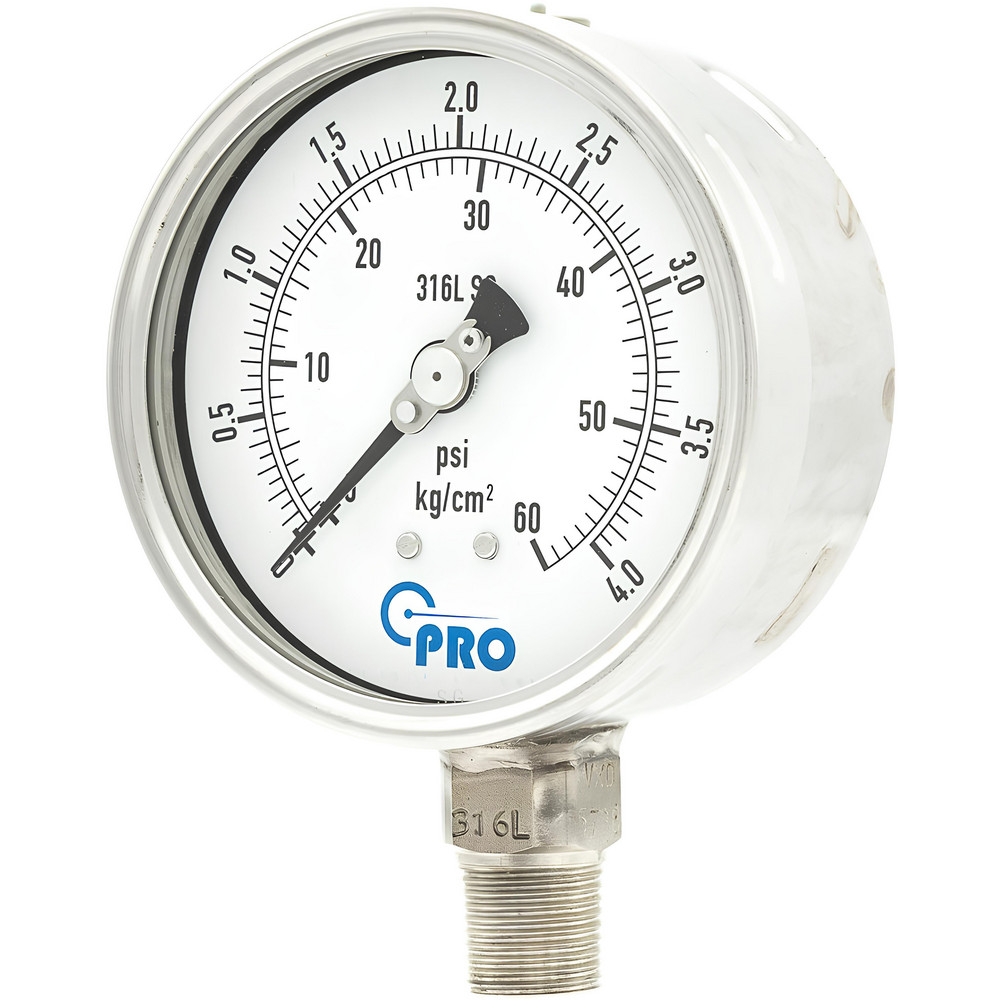 ESP Pro - Pressure Gauge: 4" Dial Dia, 0 to 60 psi, 1/2" NPT, Bottom Mount | MSC Direct