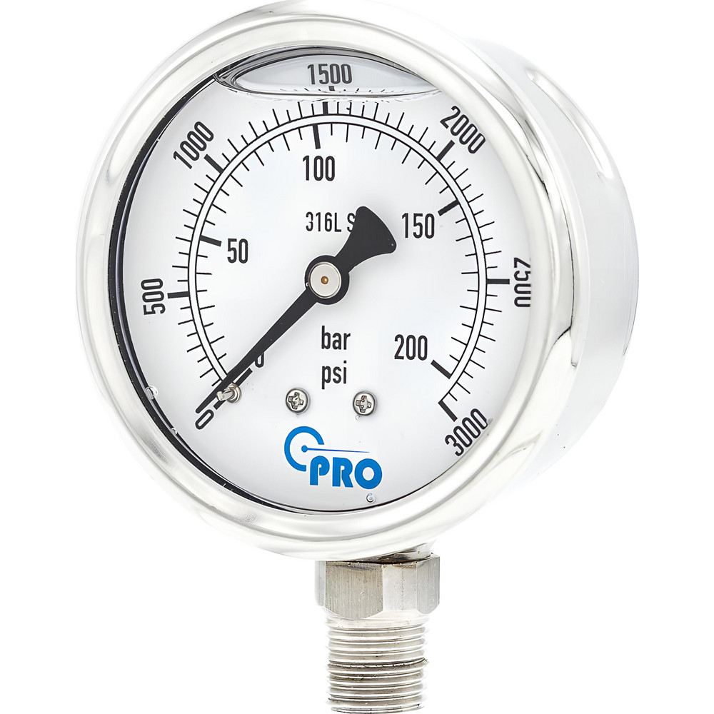 ESP Pro - Pressure Gauge: 2-1/2" Dial Dia, 0 to 3,000 psi, 1/4" NPT, Bottom Mount | MSC Direct