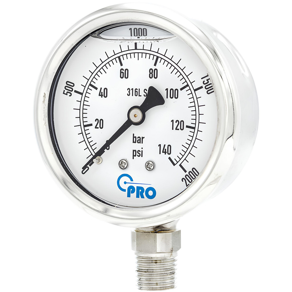 ESP Pro - Pressure Gauge: 2-1/2" Dial Dia, 0 to 2,000 psi, 1/4" NPT, Bottom Mount | MSC Direct