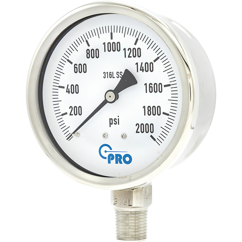 ESP Pro - Pressure Gauge: 4" Dial Dia, 0 to 2,000 psi, 1/2" NPT, Bottom ...