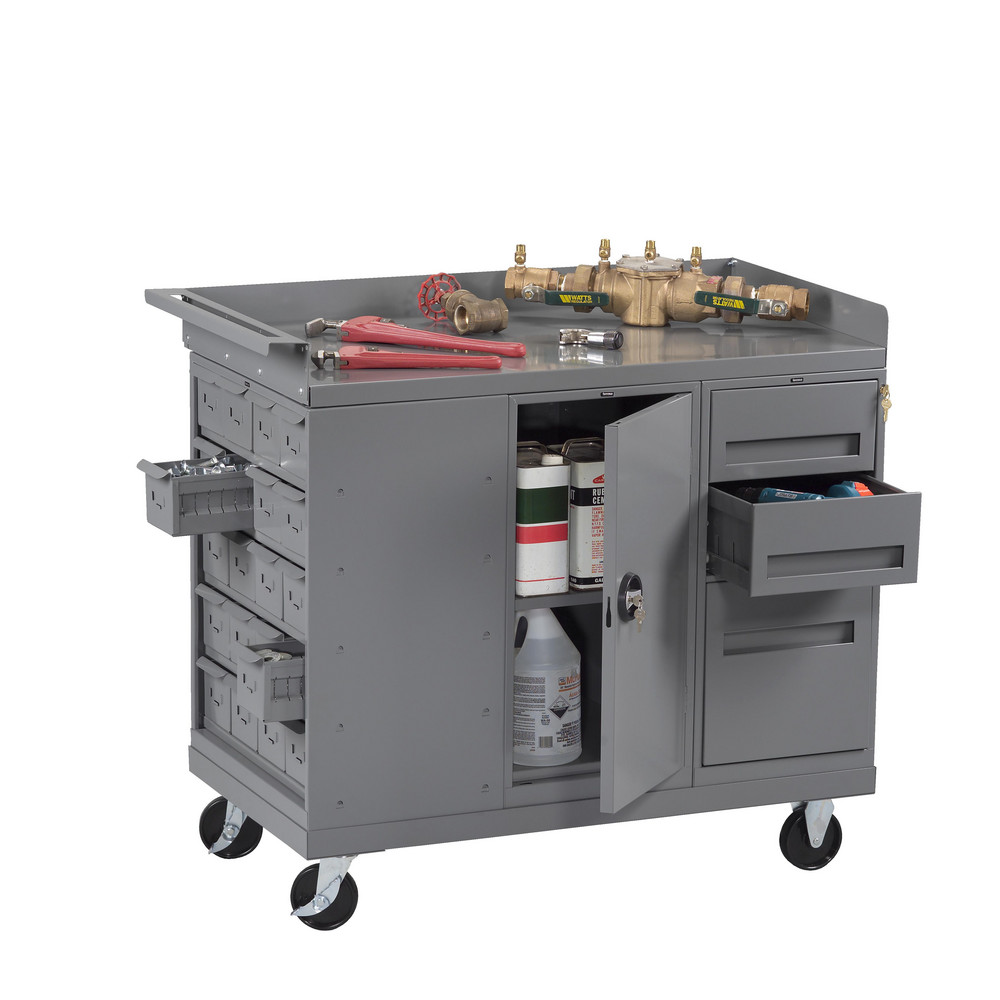 Tennsco - Mobile Bench Mobile Work Center: 25" OAD, 3 Drawer, 1 Shelf ...