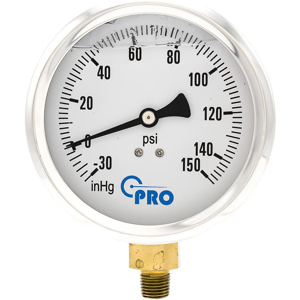 ESP Pro - Pressure Gauge: 4" Dial Dia, -30 to 150 psi, 1/4" NPT, Bottom ...