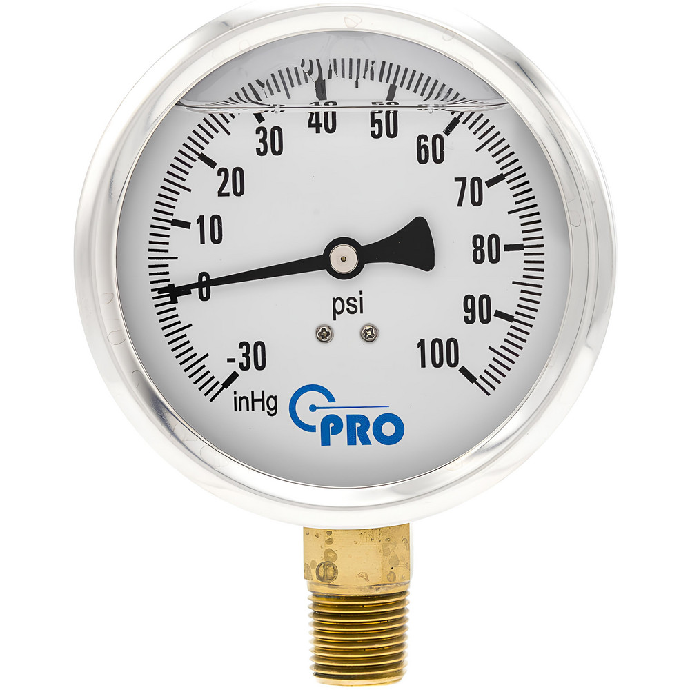 ESP Pro - Pressure Gauge: 4" Dial Dia, -30 to 100 psi, 1/2" NPT, Bottom ...