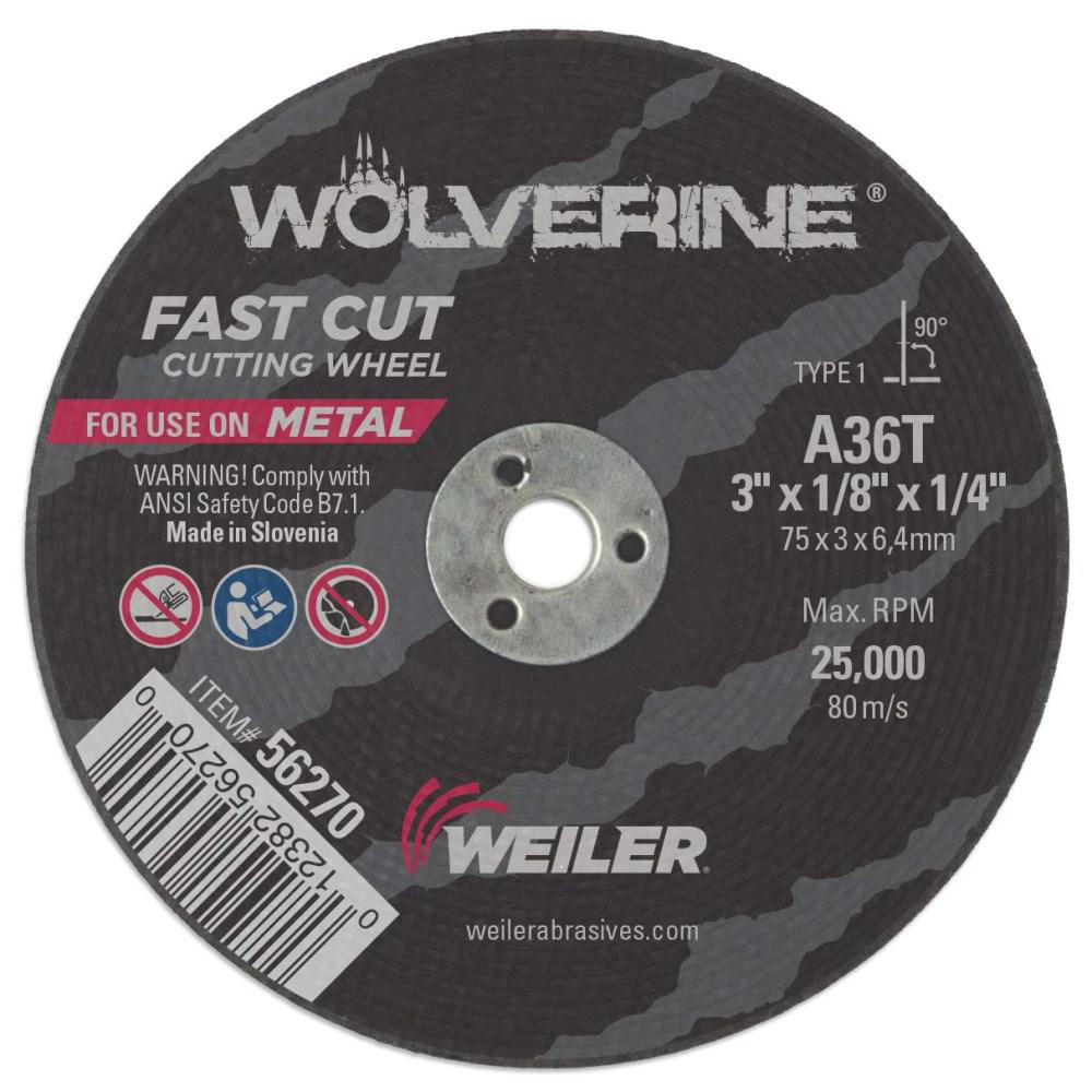 Weiler - Cutoff Wheel: Type 1 (01/41), 3" Dia, 1/8" Thick, 1/4" Hole ...