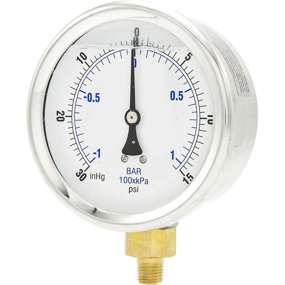 PIC Gauges - Pressure Gauge: 4" Dial Dia, -30 to 15 psi, 1/4" MNPT, Lower Mount | MSC Direct