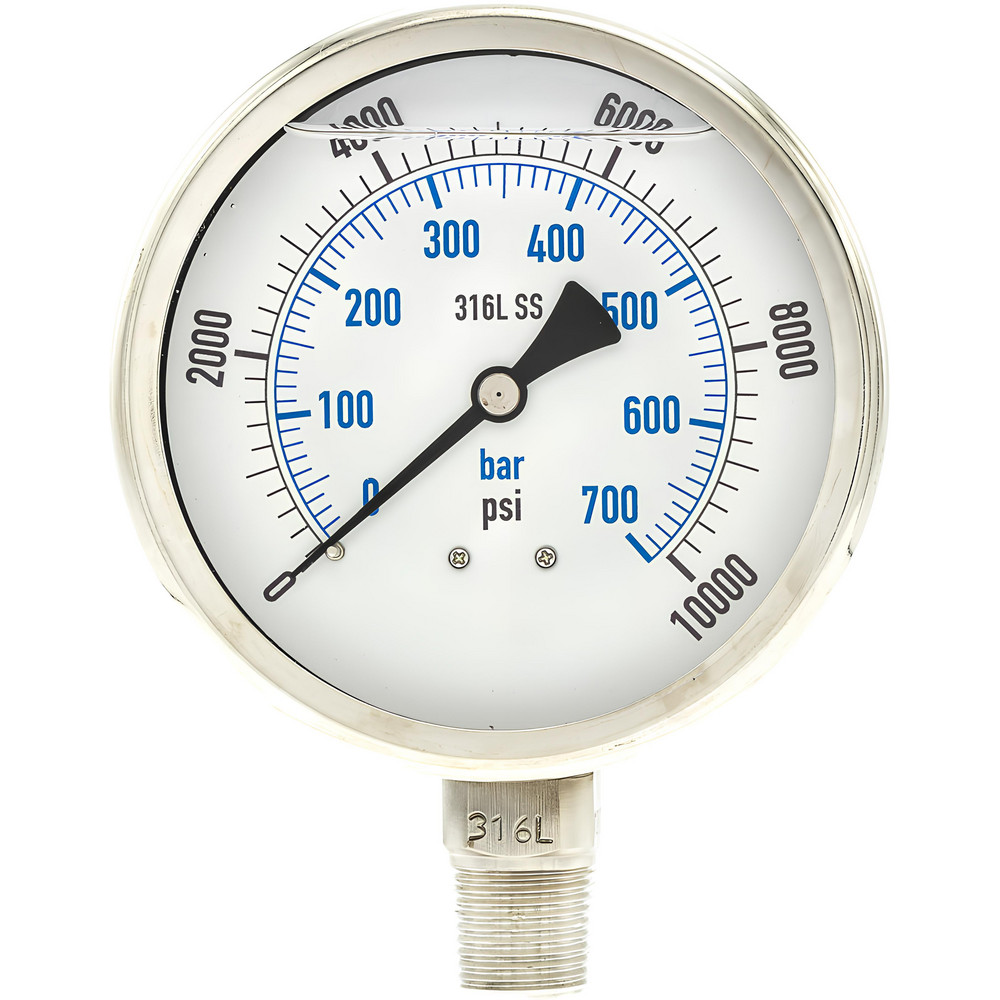 PIC Gauges - Pressure Gauge: 4" Dial Dia, 0 to 10,000 psi, 1/2" NPT, Lower Mount | MSC Direct